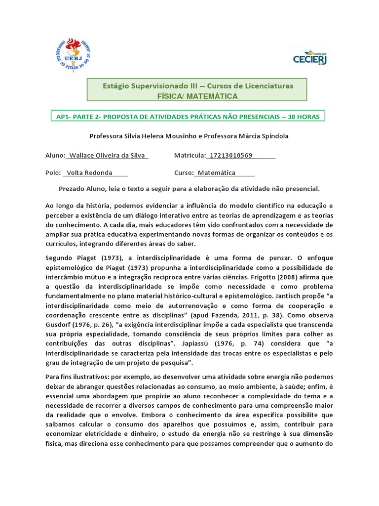 WallaceOliveiraDaSilva - AP1 - Parte2 - ES3 | PDF | Interdisciplinaridade | Física