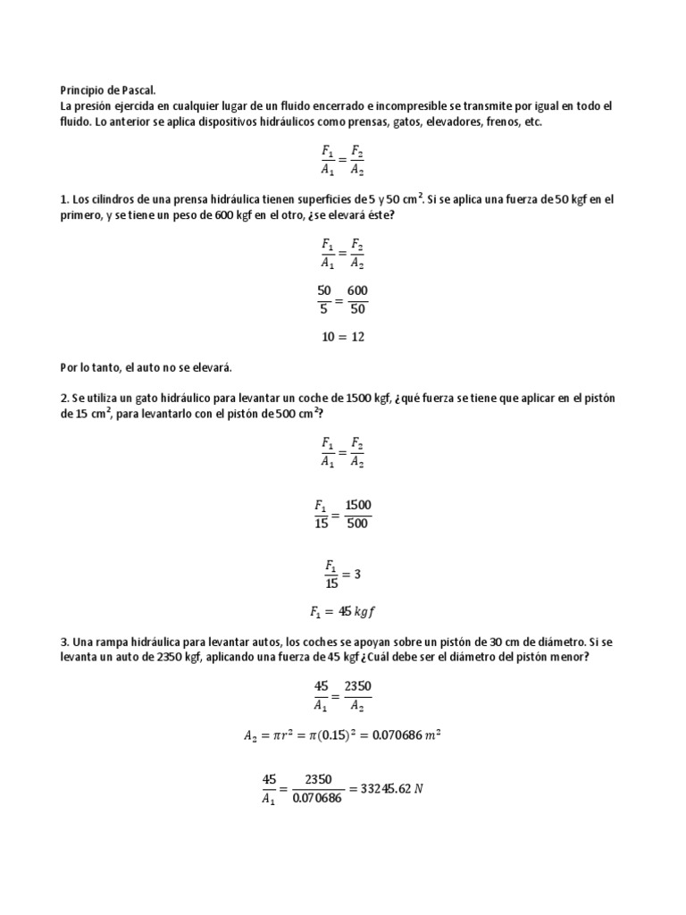 Ejercicios Principio de Pascal | PDF | Presión | Líquidos