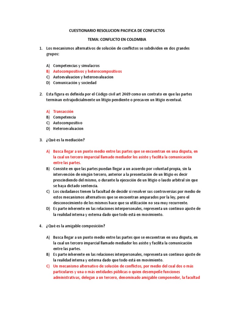 Cuestionario Resolucion Pacifica de Conflictos | PDF | Mediación | Justicia
