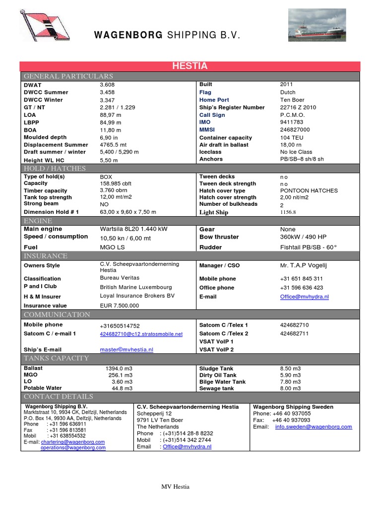 MV Hestia Ship Specifications and Details | PDF | Ships | Shipping