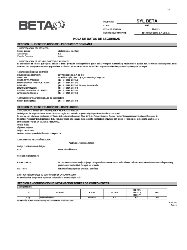 Ficha Técnica del Producto SYL BETA | PDF | Agua | Residuos