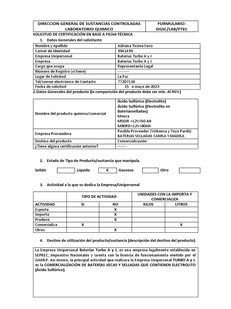Formulario DGSC Lab Ft01 N | PDF