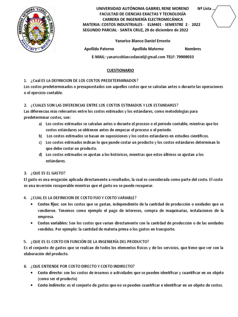 Examen Parcial 2 Costos 29 Dic 2022 | PDF | Presupuesto | Costo Examen Parcial 2 Costos 29 Dic 2022 | PDF | Presupuesto | Costo