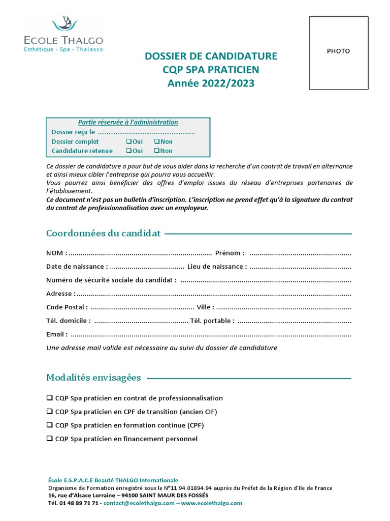 Dossier Candidature CQP Spa Praticien 2022 1 | PDF