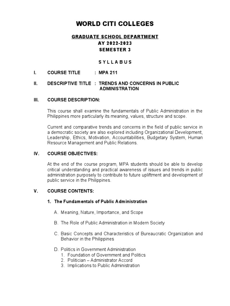 Trends in Public Administration Syllabus | PDF | Public Administration ...