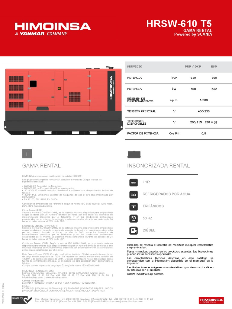 Ficha Tecnica Grupo HRSW 610 t5 Rental Espanol | PDF | Ingenieria ...