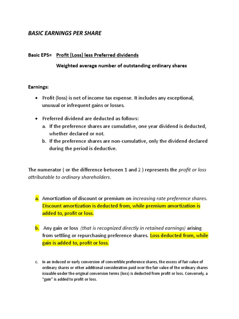 Basic Earnings Per Share Calculation | PDF | Preferred Stock | Dividend