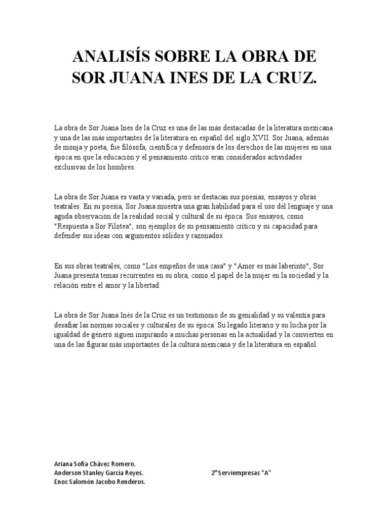 Analisís Sobre La Obra de Sor Juana Ines de La Cruz | PDF