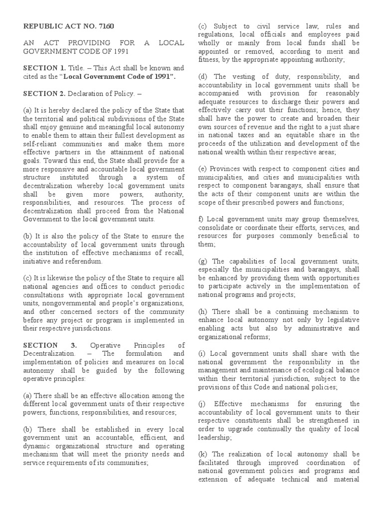 Local Government Code of 1991 Overview | PDF