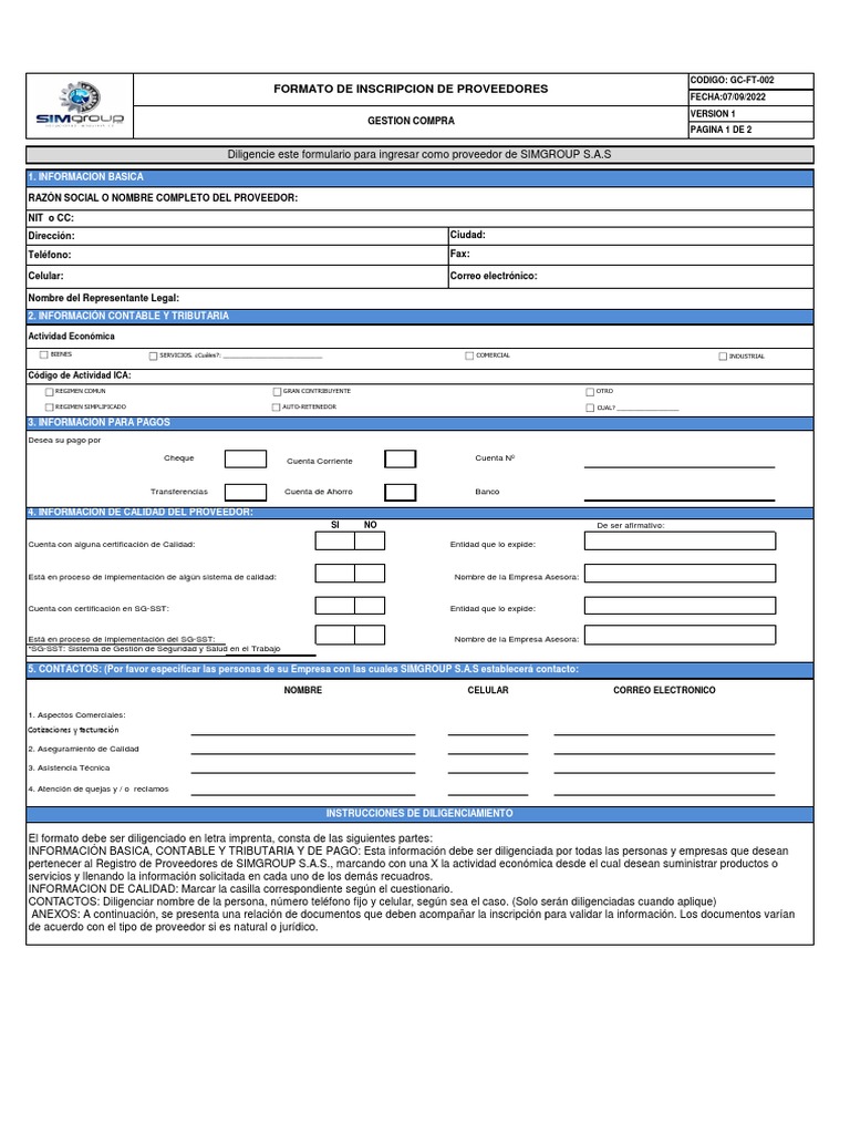 GC-FT-003 Formato de Inscripción de Proveedores | PDF | Oficina de ...