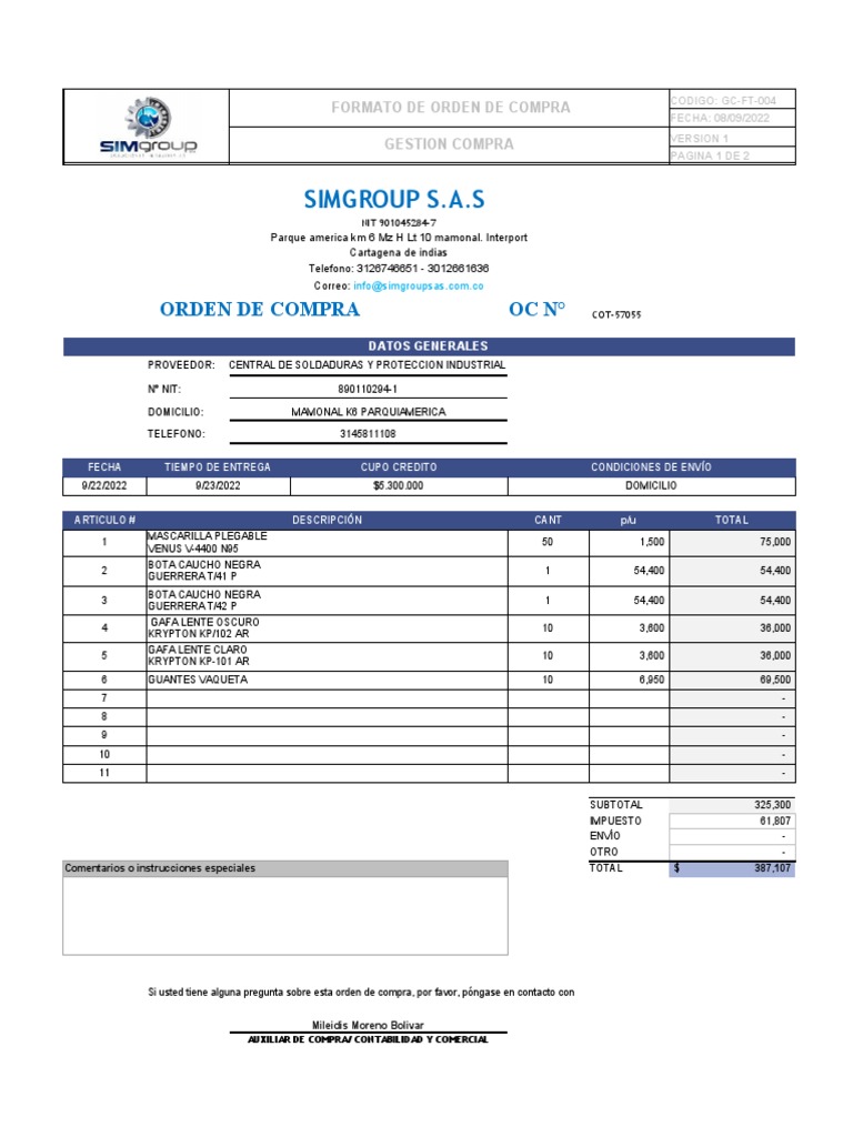 GC-FT-004 Formato de Orden de Compra | PDF