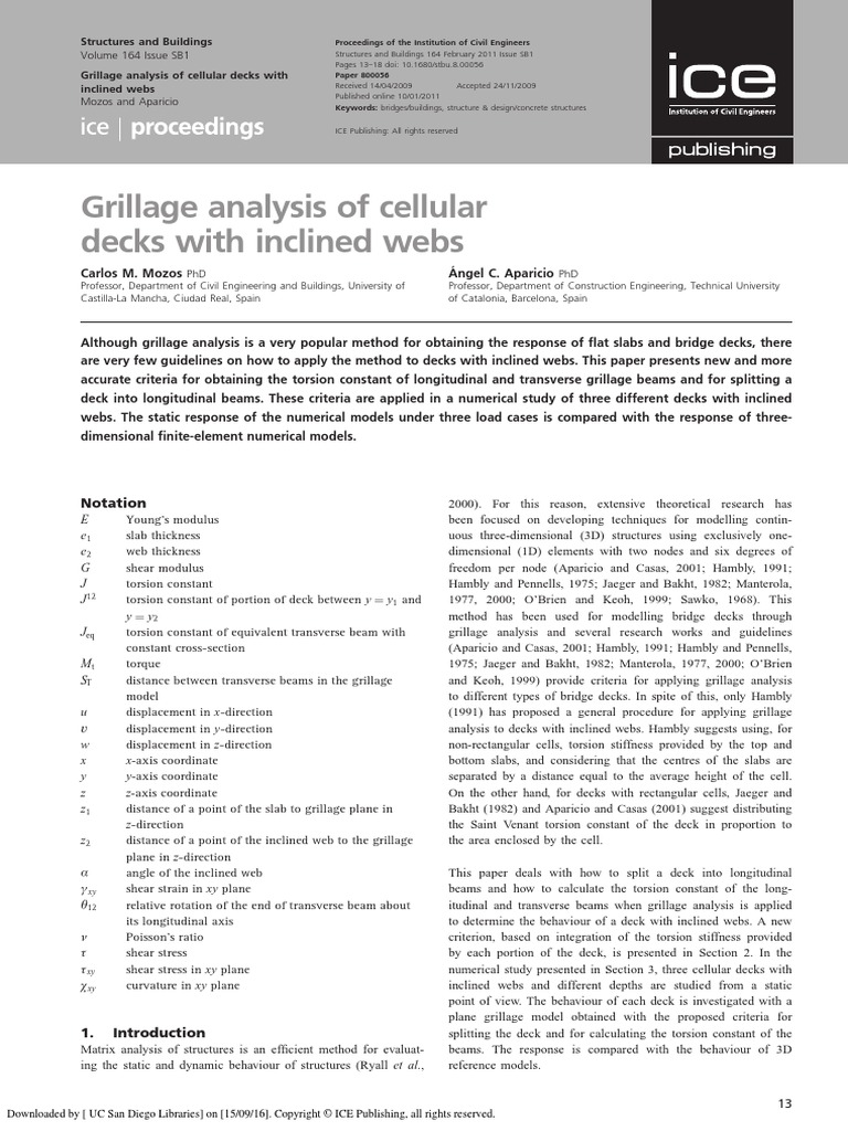 Grillage Analysis of Cellular Decks With Inclined Webs | PDF | Bending | Beam (Structure)