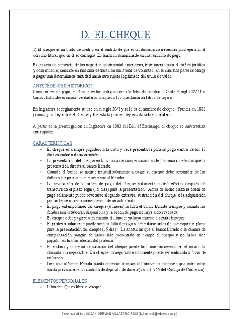 Historia y características del cheque | PDF | Cheque | Bancos