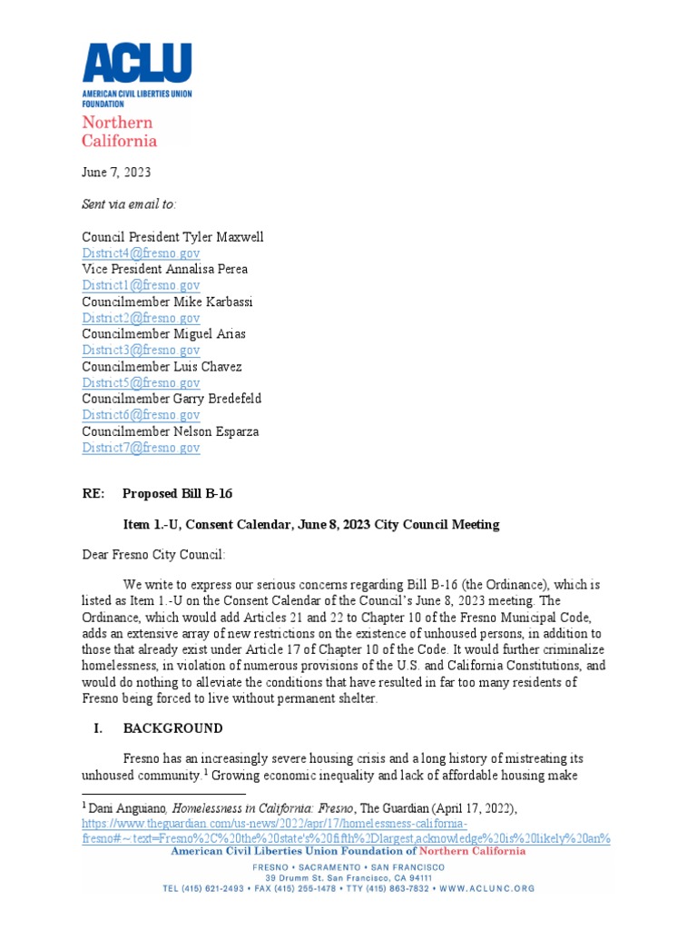 2023.06.07 ACLU NorCal Letter To Fresno City Council | PDF | Vagueness ...