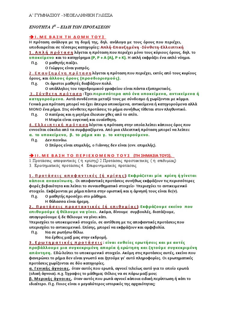 ΓΛΩΣΣΑ Α ΓΥΜΝΑΣΙΟΥ - ΕΝΟΤΗΤΑ 1 | PDF