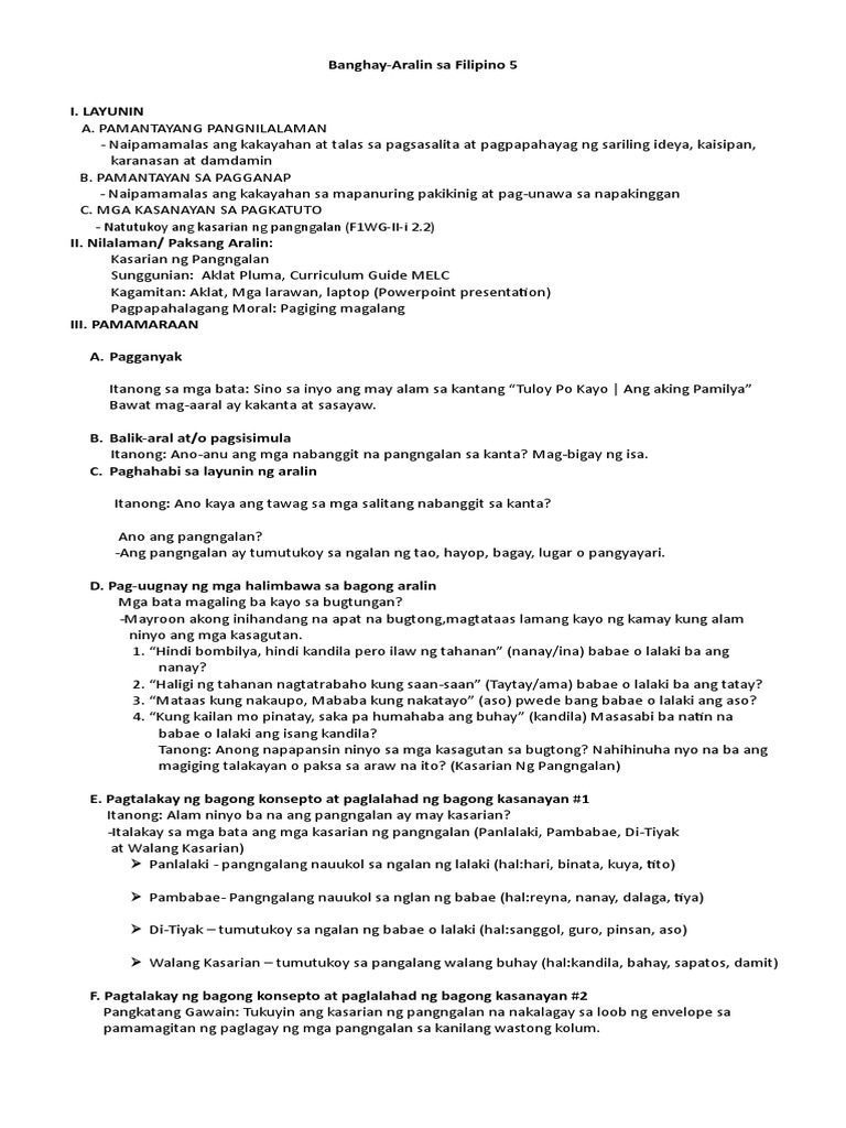 Banghay Aralin Sa Filipino 1 | PDF
