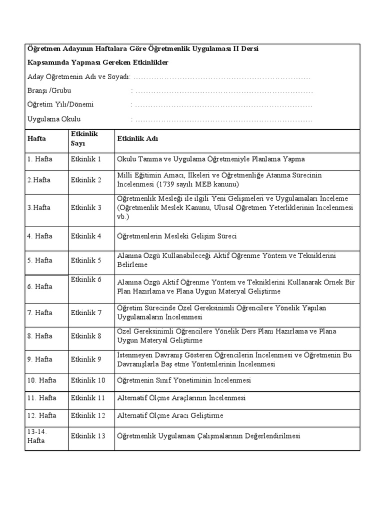 Öğretmen Adayının Haftalara Göre Öğretmenlik Uygulaması II Dersi | PDF