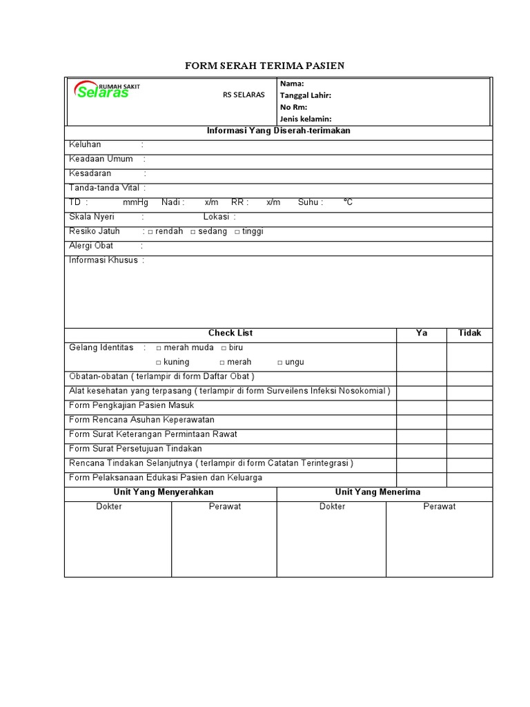 Form Serah Terima Pasien Pdf