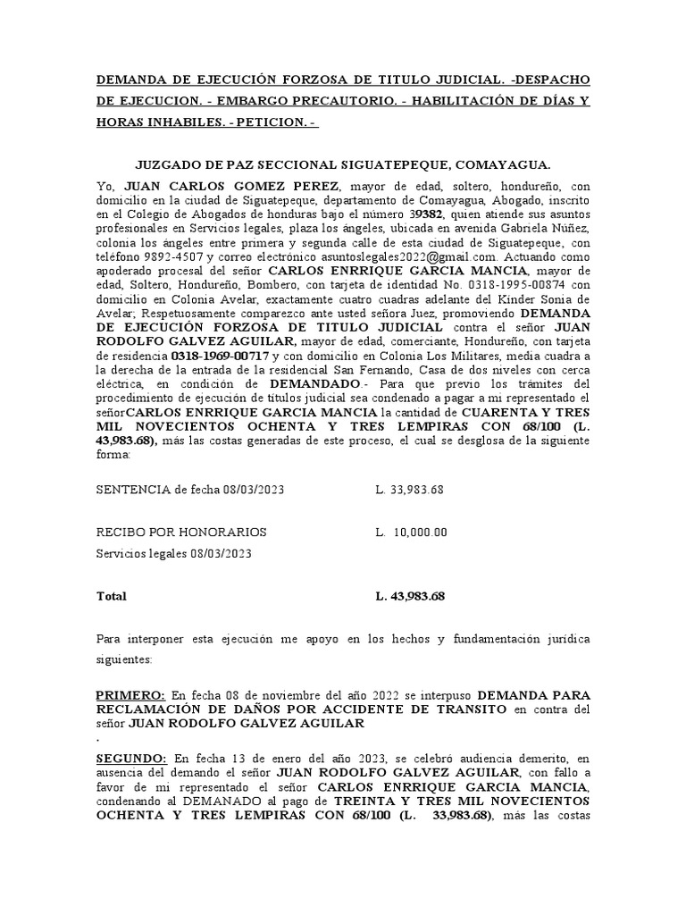 Demanda de Ejecución Forzosa de Titulo Judicial | PDF | Demanda judicial | Sentencia (ley)