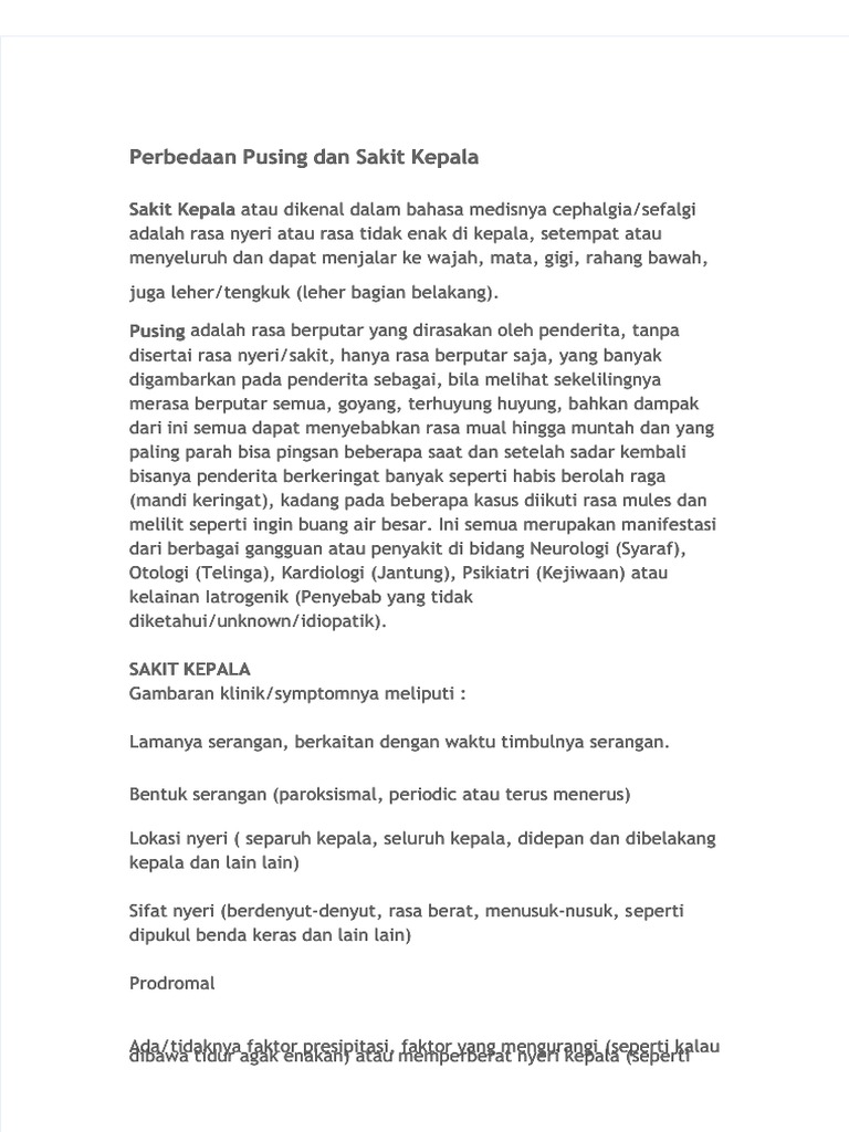 Perbedaan Pusing dan Sakit Kepala | PDF