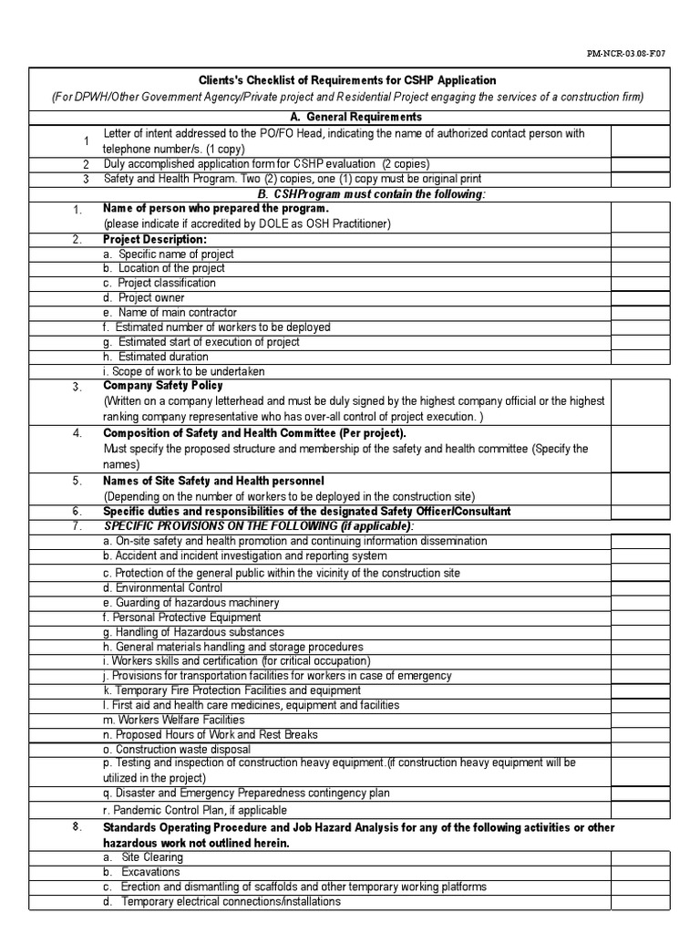 PM NCR 03.08 F.07 Clients CSHP Checklist | PDF
