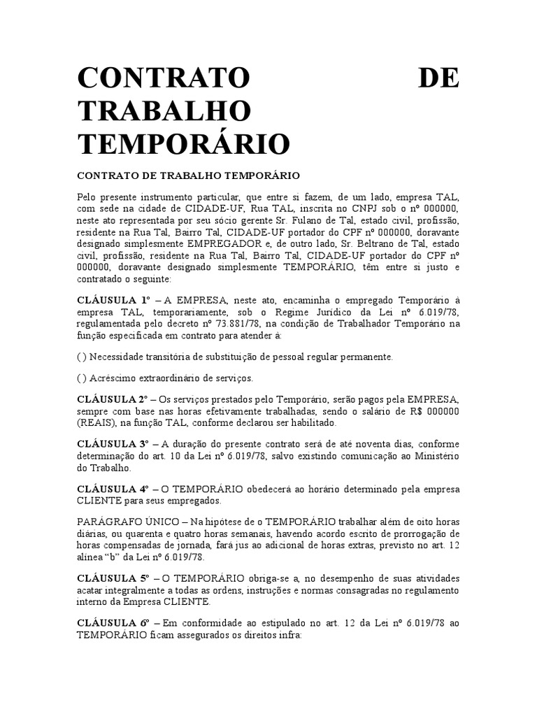Contrato De Trabalho Tempor rio PDF Sal rio Hora Extra