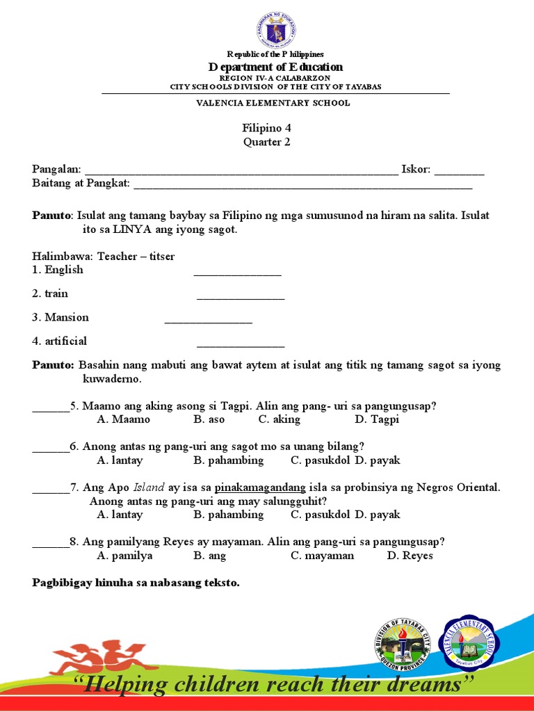 Filipino 4 - Written Assessment Q2 | PDF
