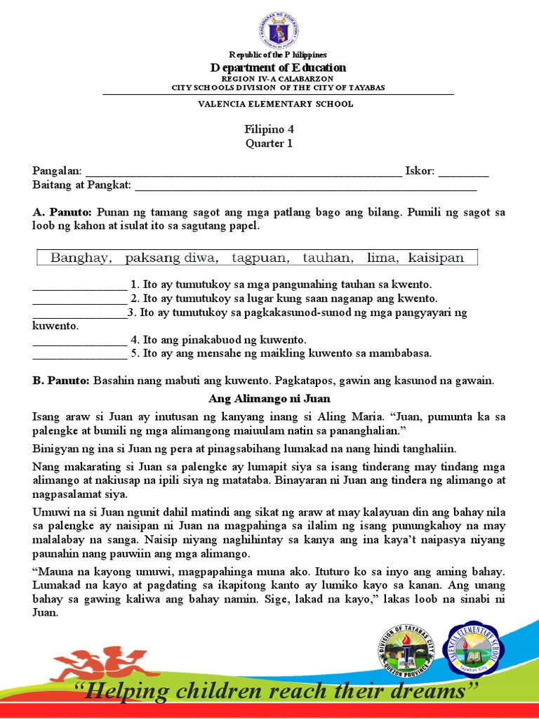 Filipino 4 - Written Assessment Q1 | PDF