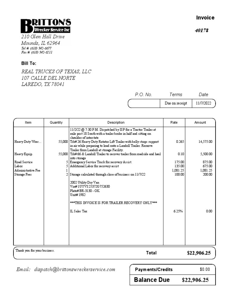 Invoice for Trailer Recovery Services | PDF