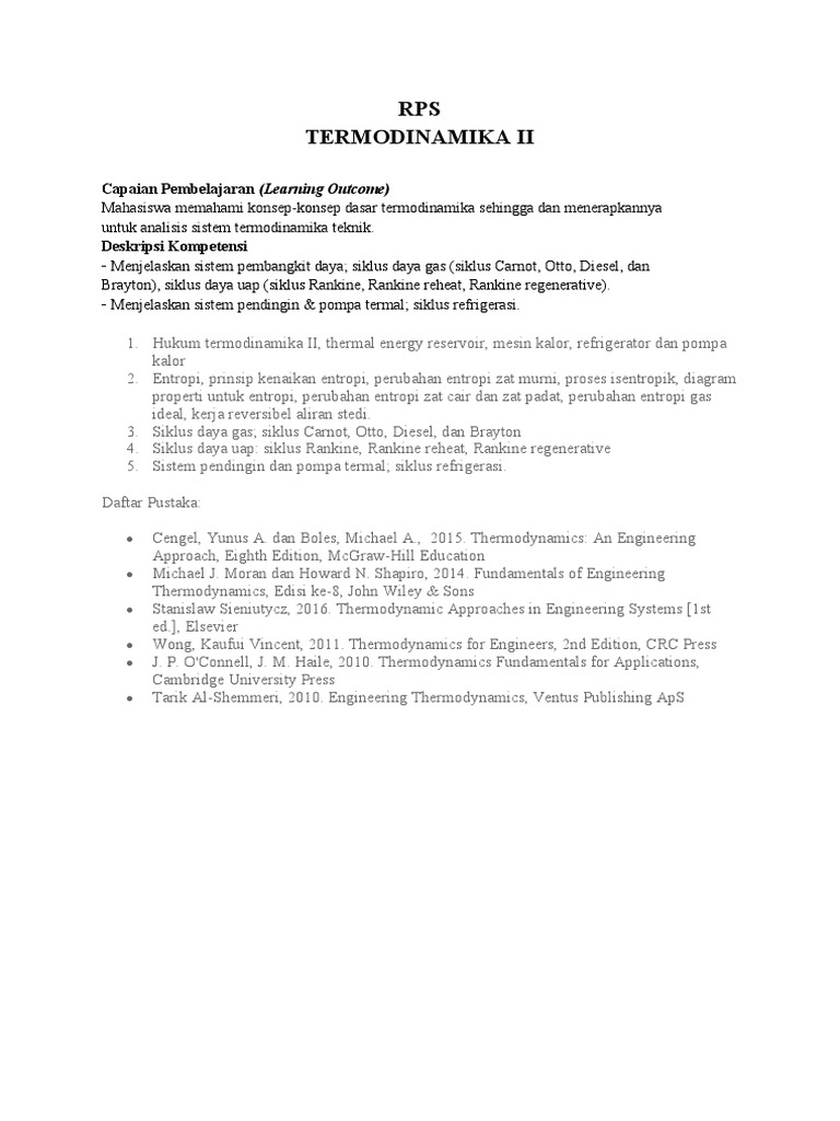 RPS Termodinamika Ii: Capaian Pembelajaran (Learning Outcome) | PDF