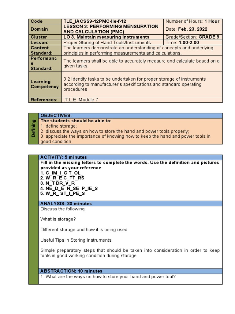 4-A Proper Storing of Hand Tools | PDF | Learning | Behavior Modification