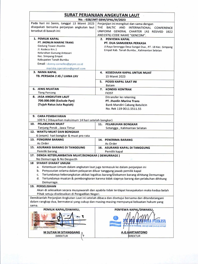 Surat Perjanjian Angkutan Laut | PDF