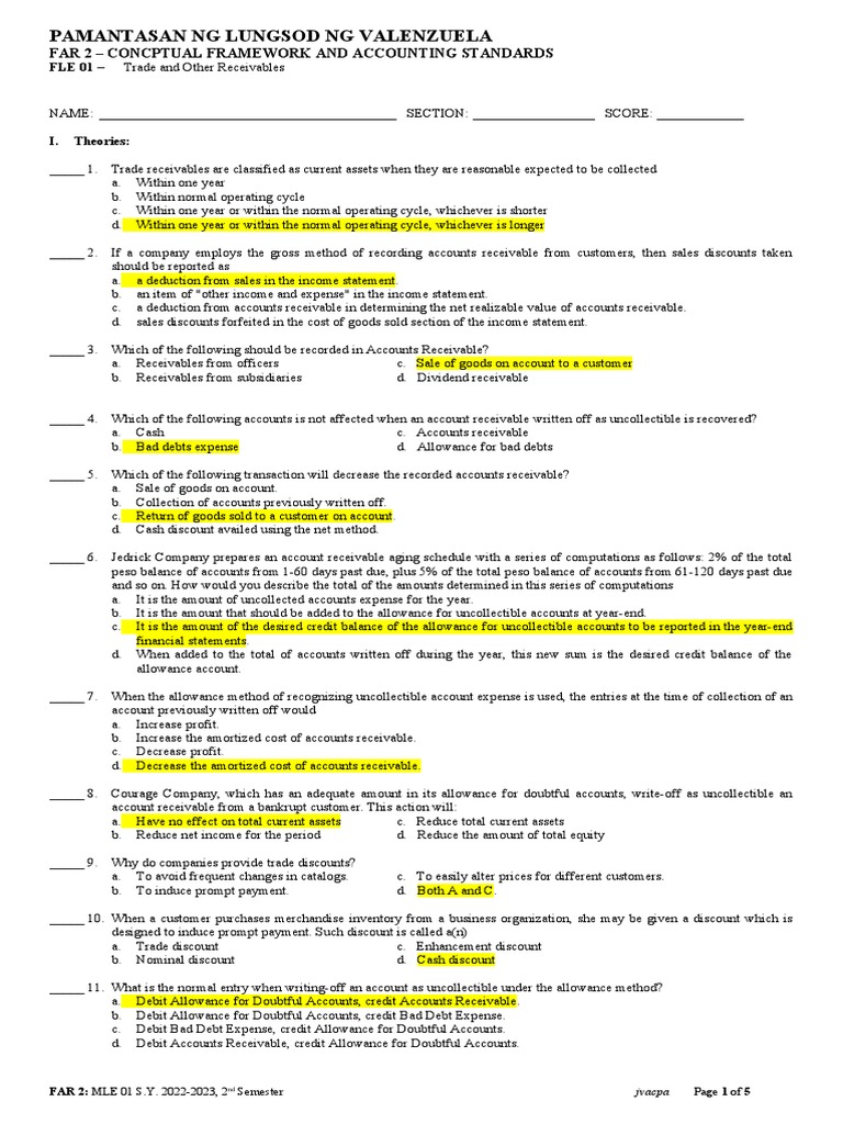 FAR 2 Answer Key | PDF | Debits And Credits | Bad Debt