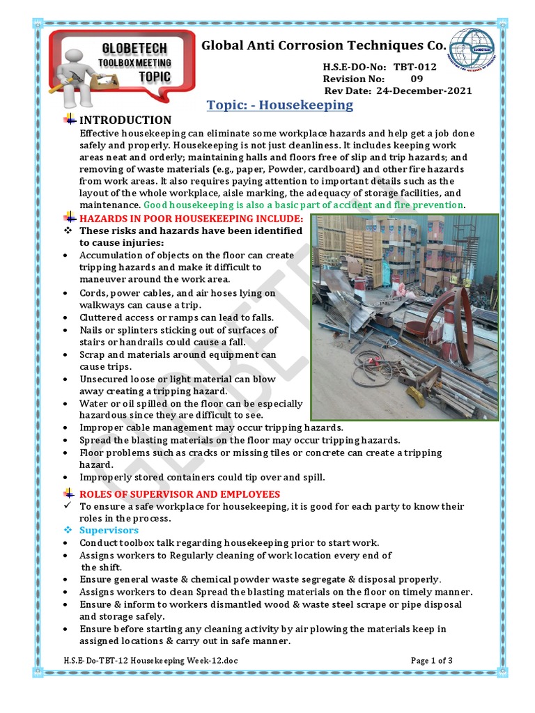 Housekeeping Safety Toolbox Talk | PDF | Housekeeping | Waste