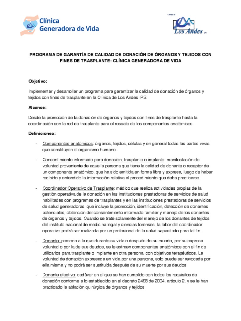 Programa de garantía de calidad de donación de órganos y tejidos con fines de trasplante | PDF ...