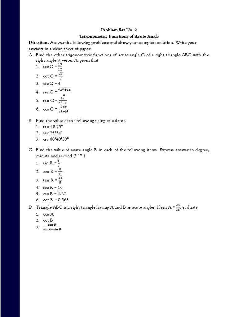 Trigonometric Functions Of An Acute Angle Pdf