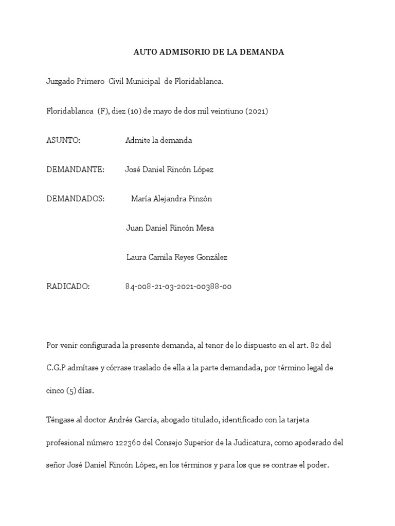 AUTO ADMISORIO DE LA DEMANDA | PDF