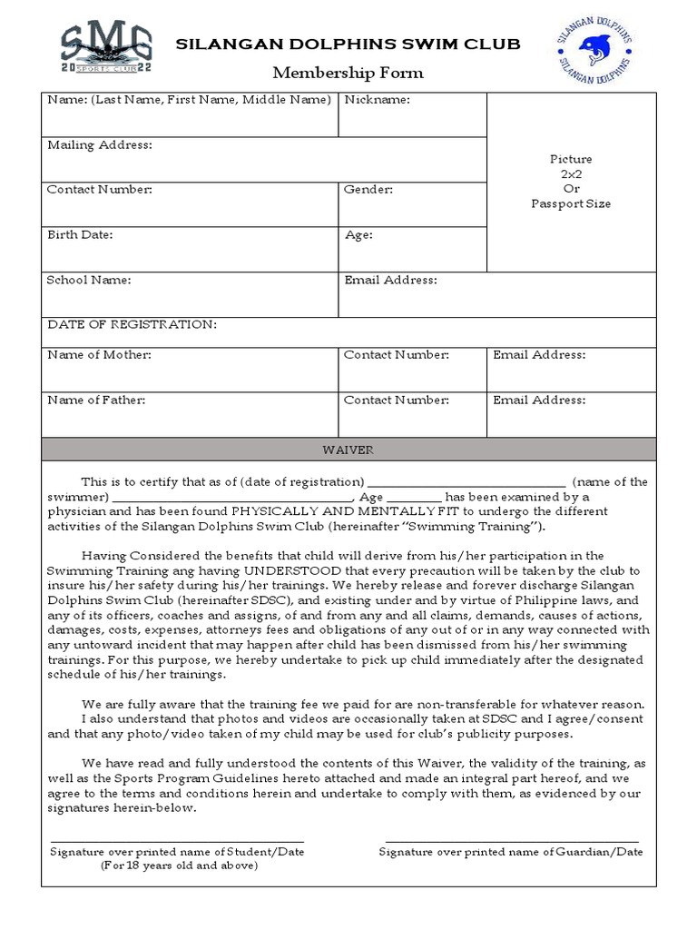 Membership Form - Silangan Dolphins Swim Club | PDF