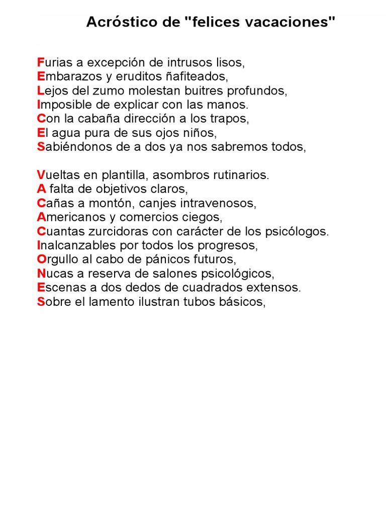 Acróstico: Felices Vacaciones | PDF | Poesía