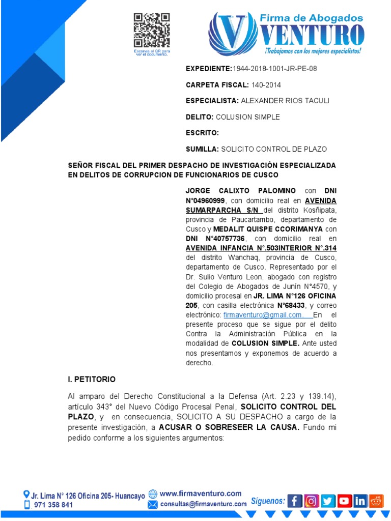 Control de Plazo-Jorge Calixto Palomino Sotelo para Fiscalia | PDF ...