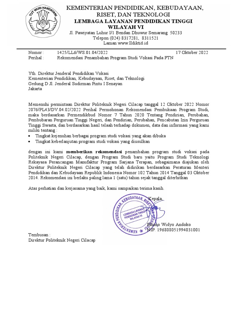 Surat Rekomendasi - LLDIKTI | PDF