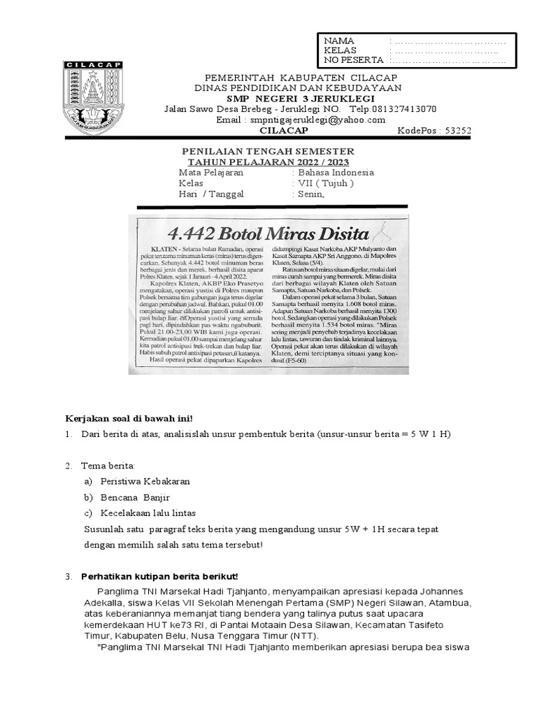 Soal Uts 2 Kelas 7 Bahasa Indonesia | PDF