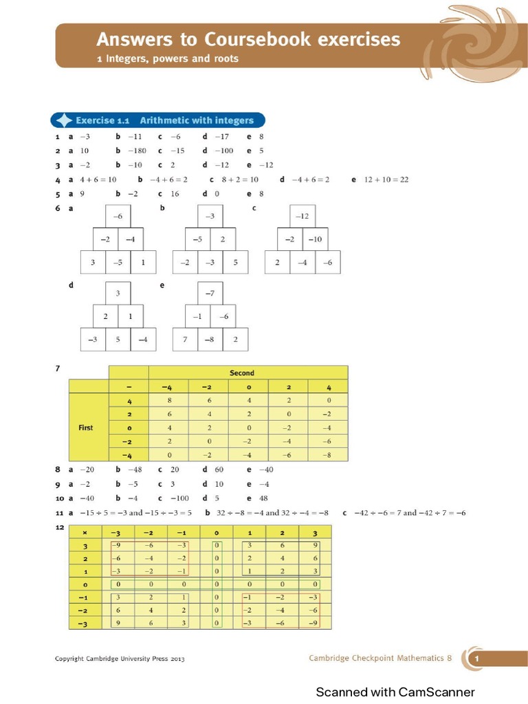 (Grade 8 CB) Answers Cambridge Checkpoint Mathematics Course Book Grade ...