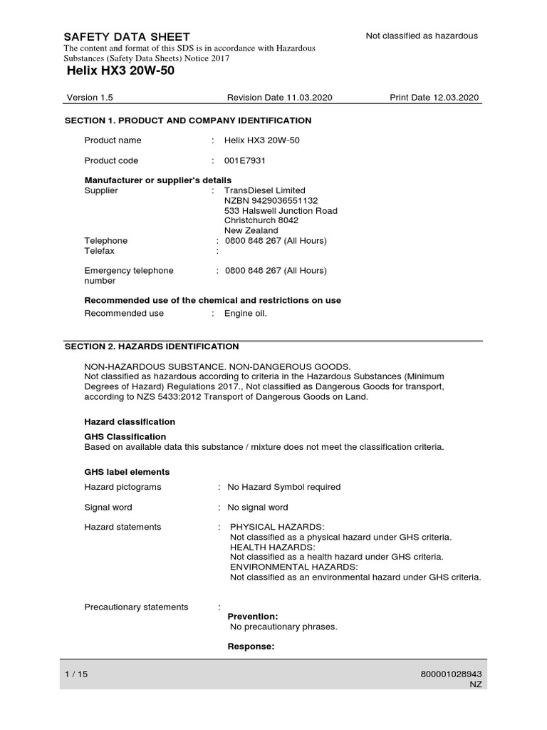 SDS Helix HX3 | PDF | Toxicity | Personal Protective Equipment
