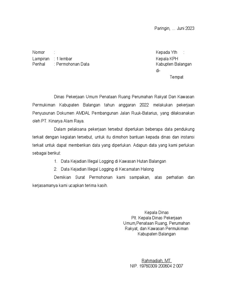 Surat Permohonan Data AMDAL JLN Ruuk-Batarius Balangan | PDF