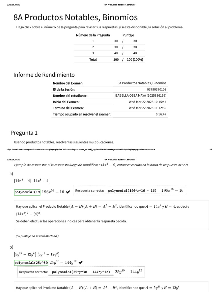 Evaluacion 9 - Suma Por La Diferencia y Cuadrado de Un Binomio | PDF | Matemáticas | Aritmética