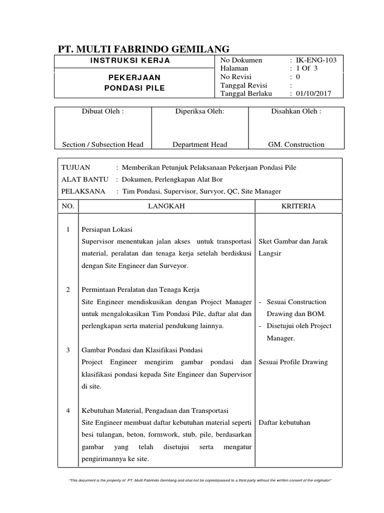 Instruksi Kerja Pondasi Pile PT. Multi Fabrindo | PDF | Teknologi ...