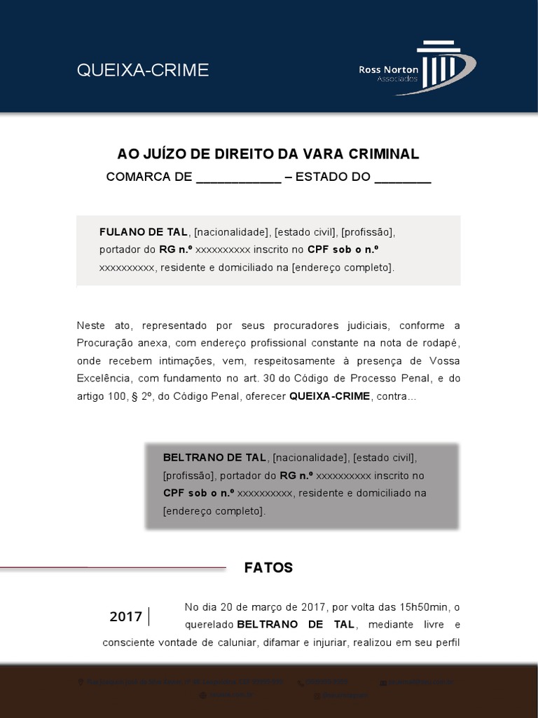 Petição Inicial - Queixa-Crime - Box Visual Law 360 | PDF | Difamação ...
