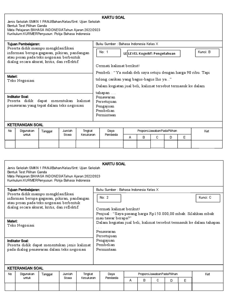 Format Kartu Soal Bindo X | PDF