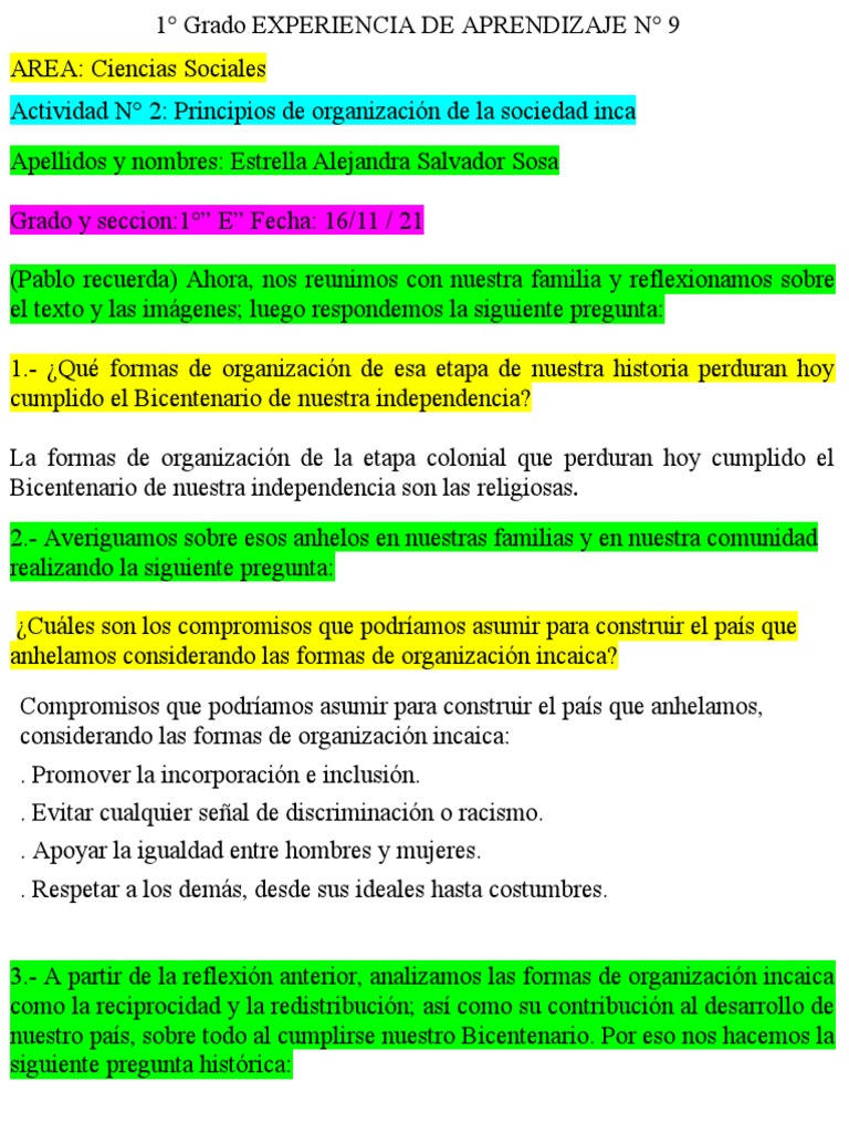 CC-SS ACTIVIDAD - 2 - 1° Exper. 9 - Principios de Organización de La Sociedad Inca | PDF
